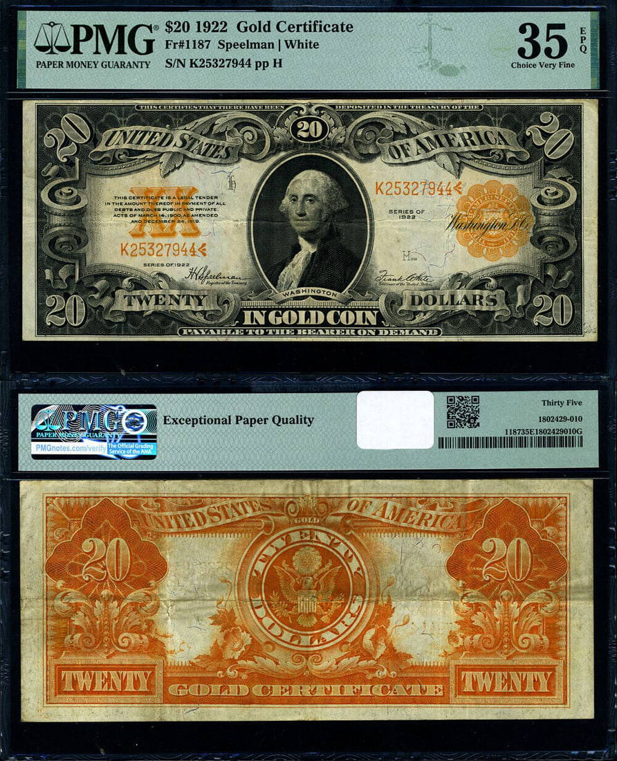 1922 $20 Gold Certificate Pmg Vf35 Epq Choice Currency Auction