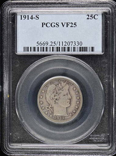 1914 S Barber Quarter Pcgs Vf25 Certified San Francisco Coin