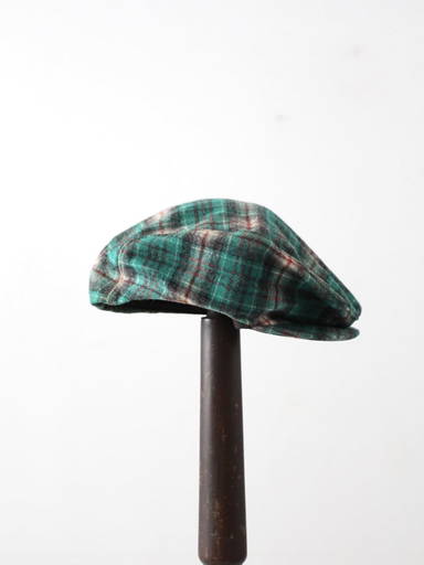 Vintage Pendleton Wool Flat Cap Emerald Green Plaid Newsboy Hat