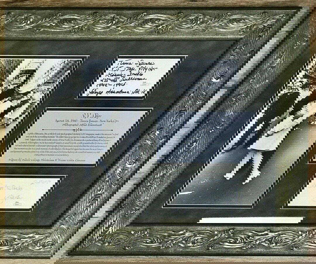 Historic V-j Day Sailor Kissing Nurse Signed Framed Display Jsa - Jun ...