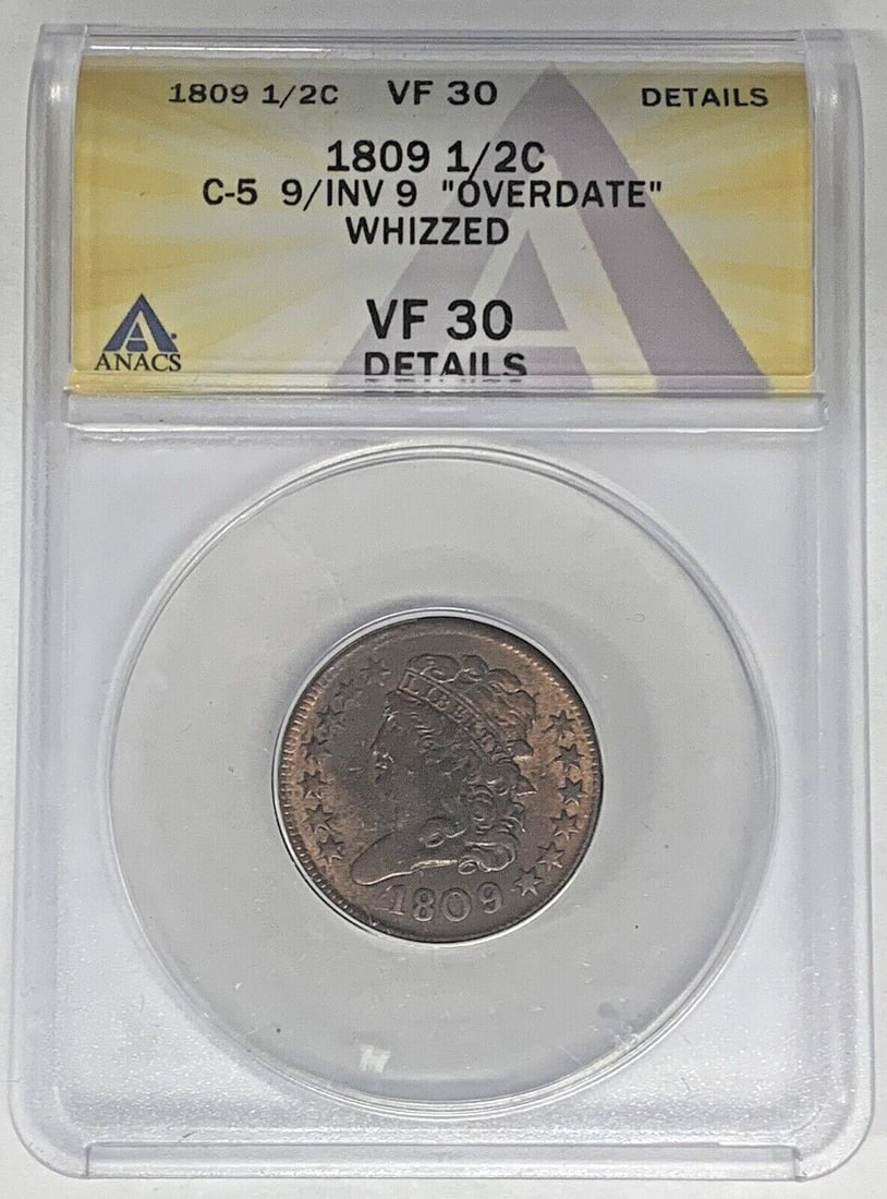 1809 Classic Head Half Cent Coin C-5 Anacs Vf 30 Circulated - Jul 17 ...