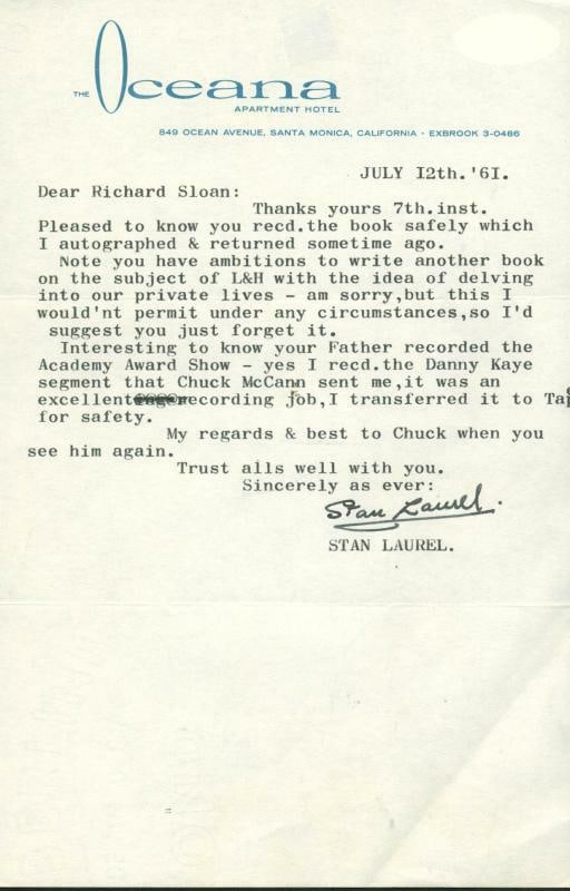 Stan Laurel 1961 Signed Typed Letter Jsa Certified Oceana Letterhead ...