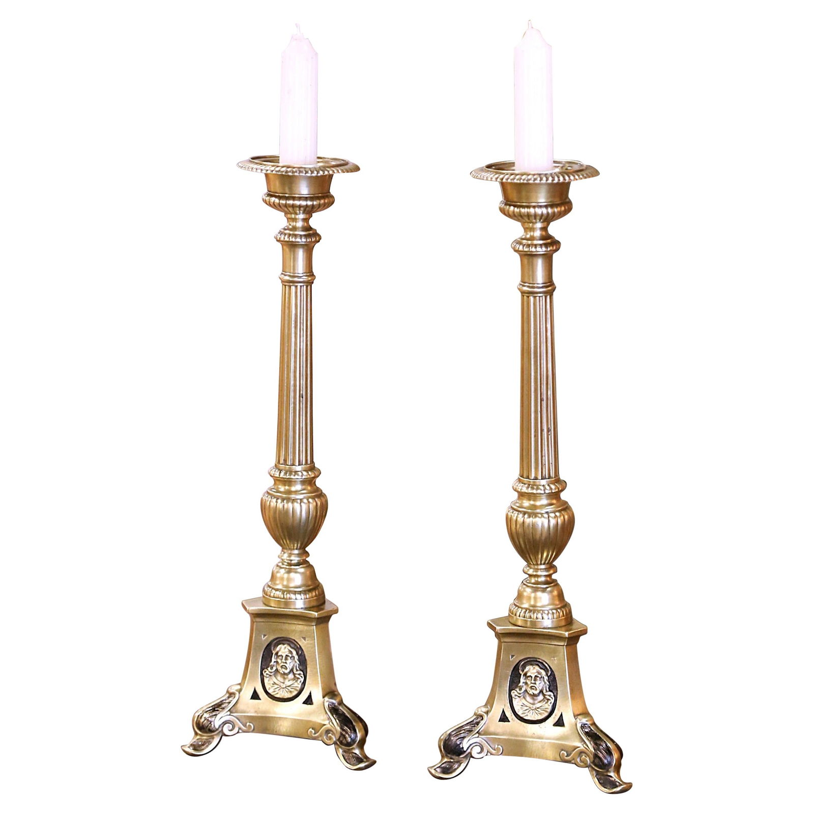 19th Century French Brass Holy Trinity Candle Holders Set Of 2 Auction