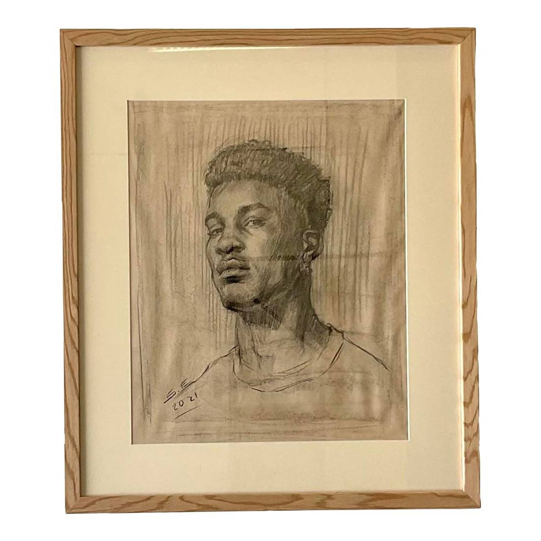 Vintage Boho Pencil Drawing Portrait Of Young Man Signed Auction