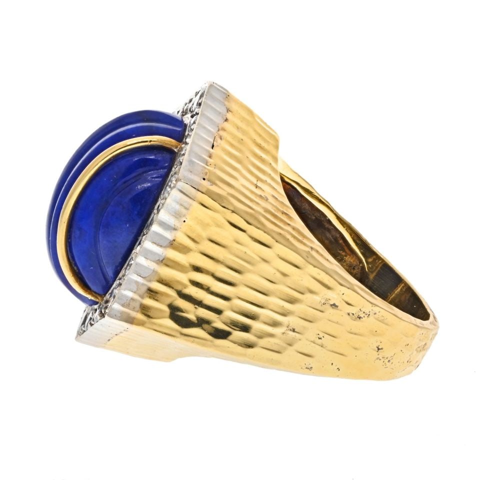 David Webb 18k Gold Platinum Hammered Lapis Diamond Frame Ring Auction