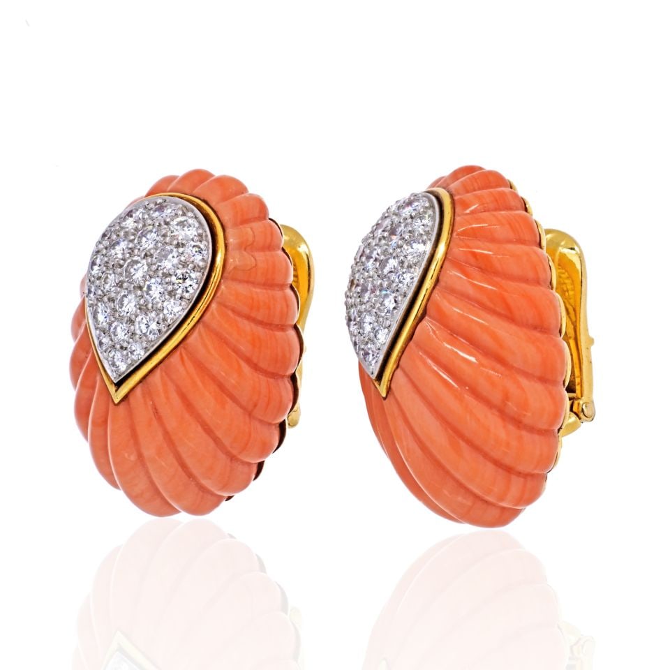 David Webb 1970s Coral Diamond Earrings Platinum 18k Gold Auction