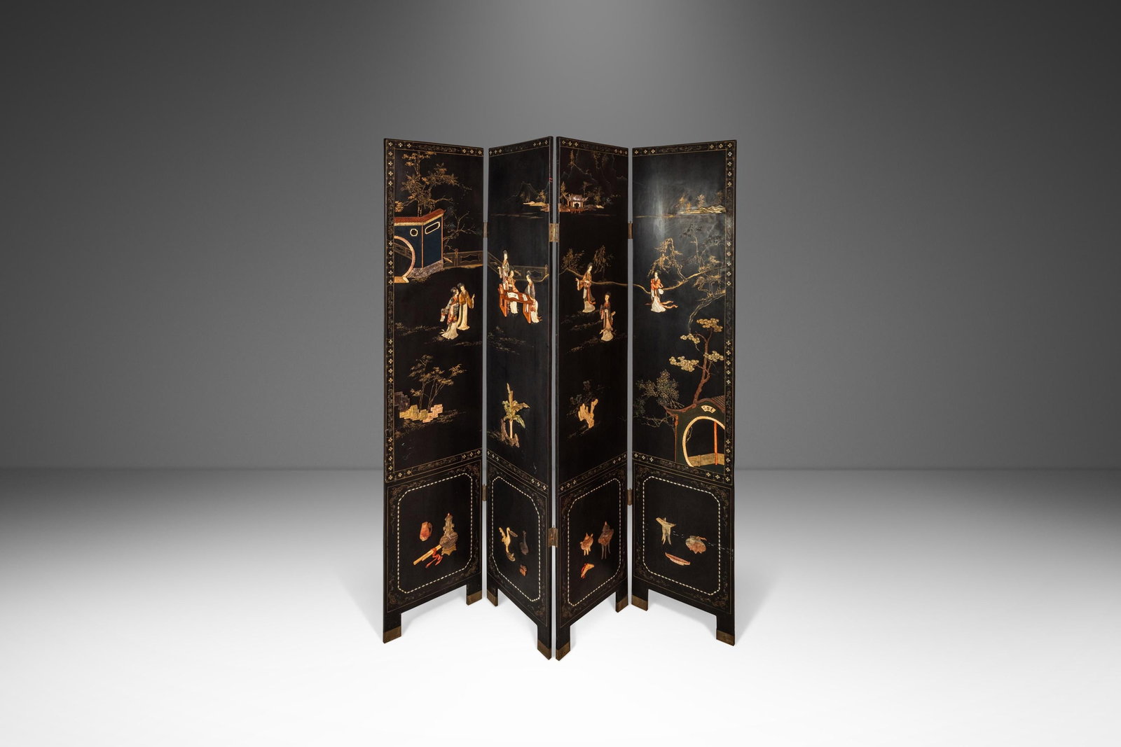 Vintage Chinese Four Panel Folding Screen With Hardstone Carvings 1950s ...