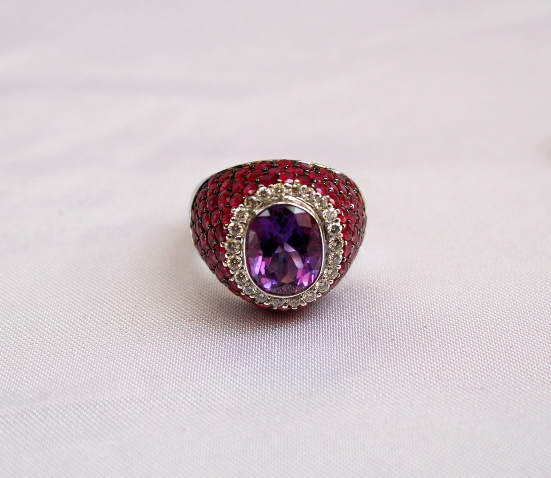 Magnificent French 14k White Gold Diamond Amethyst Ruby Ring With Box ...