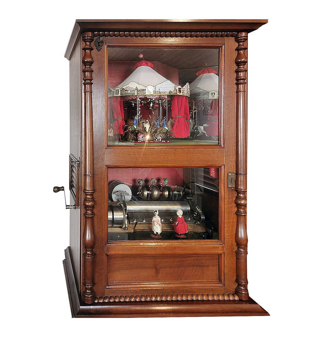 Swiss Coin-op Drum And Bell Station Music Box With Carousel & Dancing ...