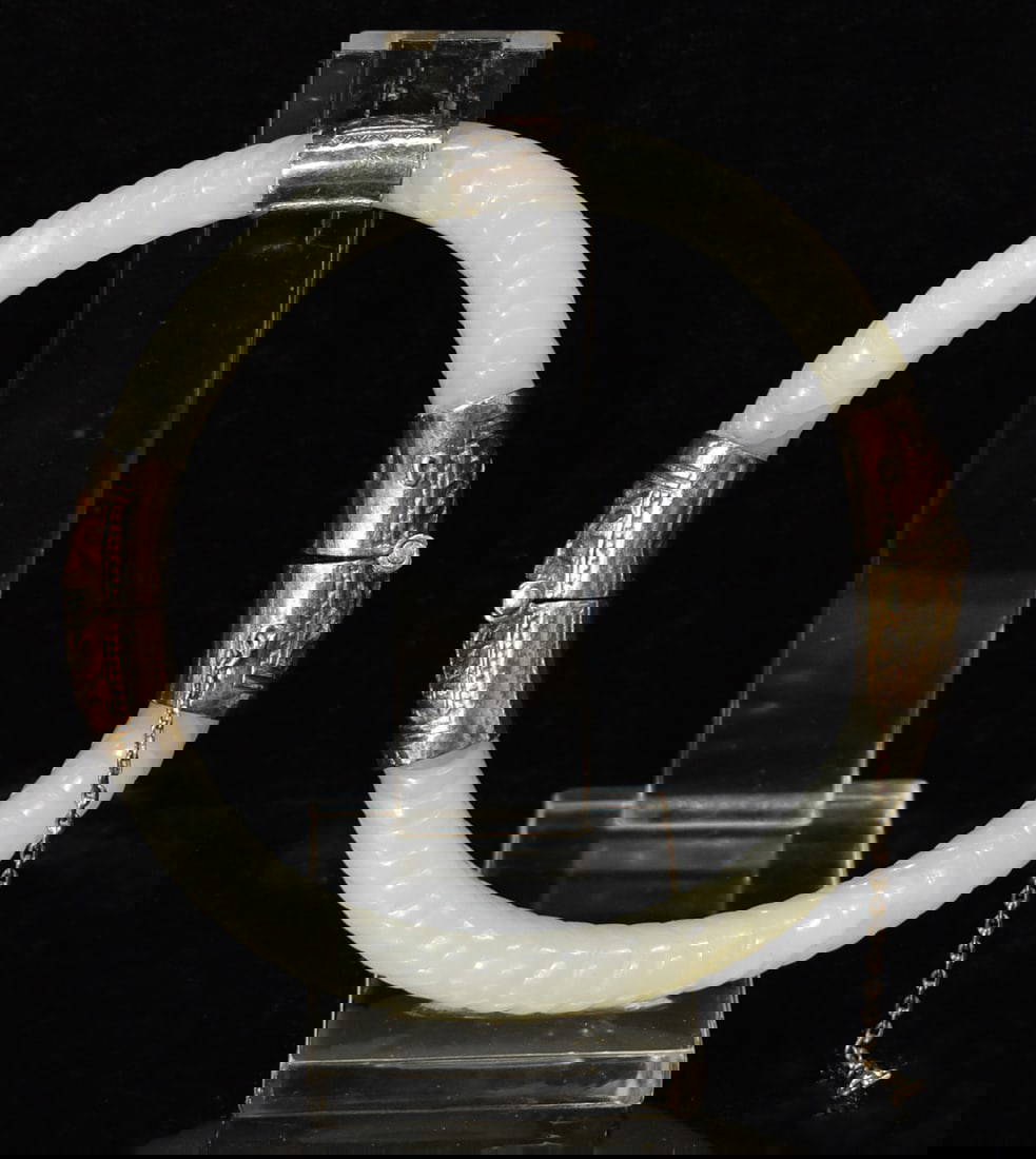 Chinese Qing White Jade Inlaid Silver Bangle Auction