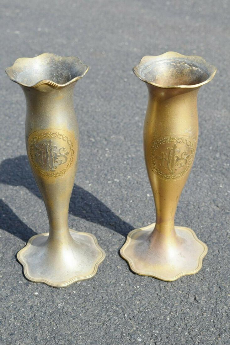 Pair Of Small Brass Church Ihs Altar Flower Vases