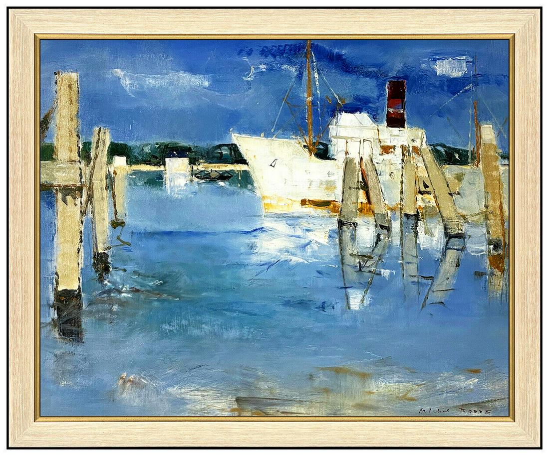 Michel Rodde Original Oil Painting On Canvas Water Harbor Dock Signed ...