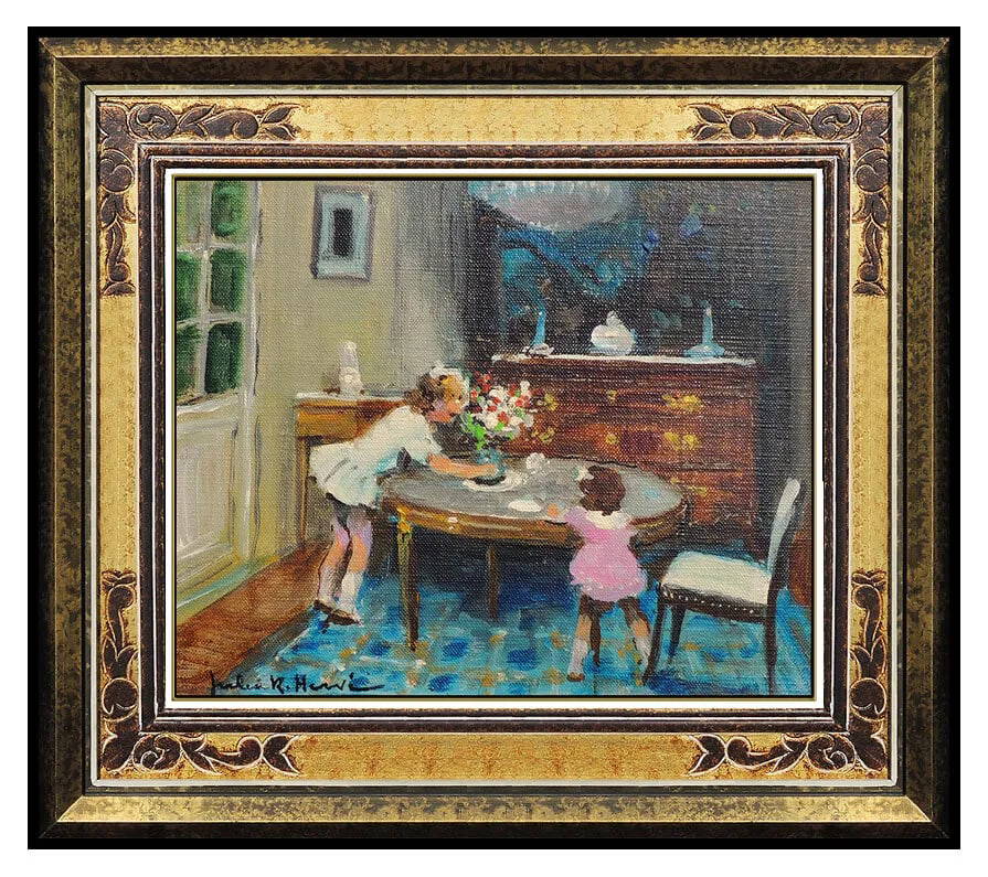 Jules R Herve Original Oil Painting On Canvas Children Portrait Floral ...