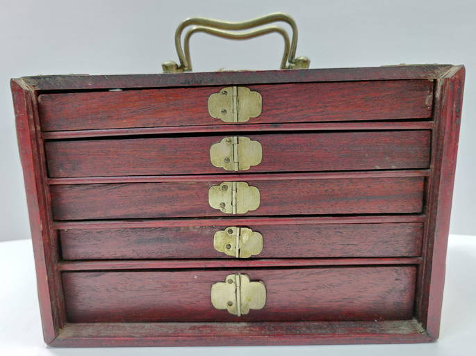 Vintage Chinese Mahjong Wood Box, Bone Carved & Bamboo