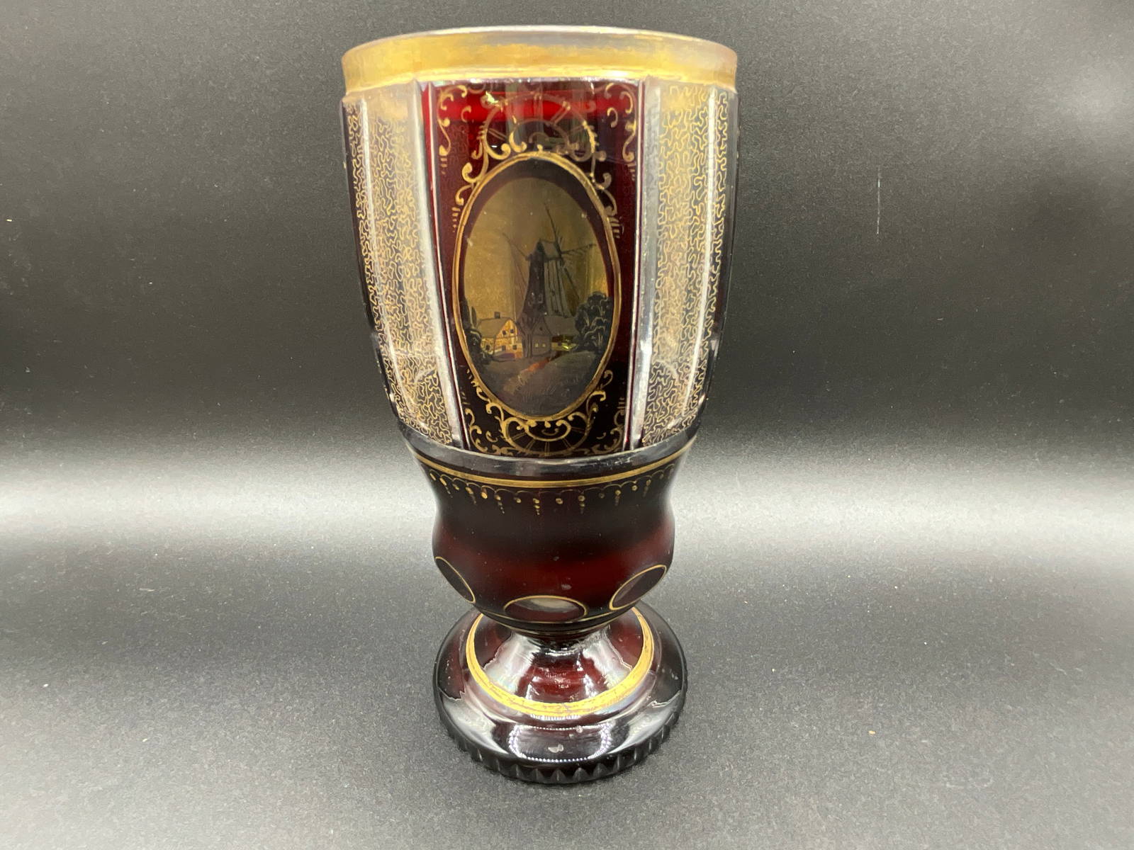 Heavy Burgundy Glass Goblet With Oval Scenic Panels Auction