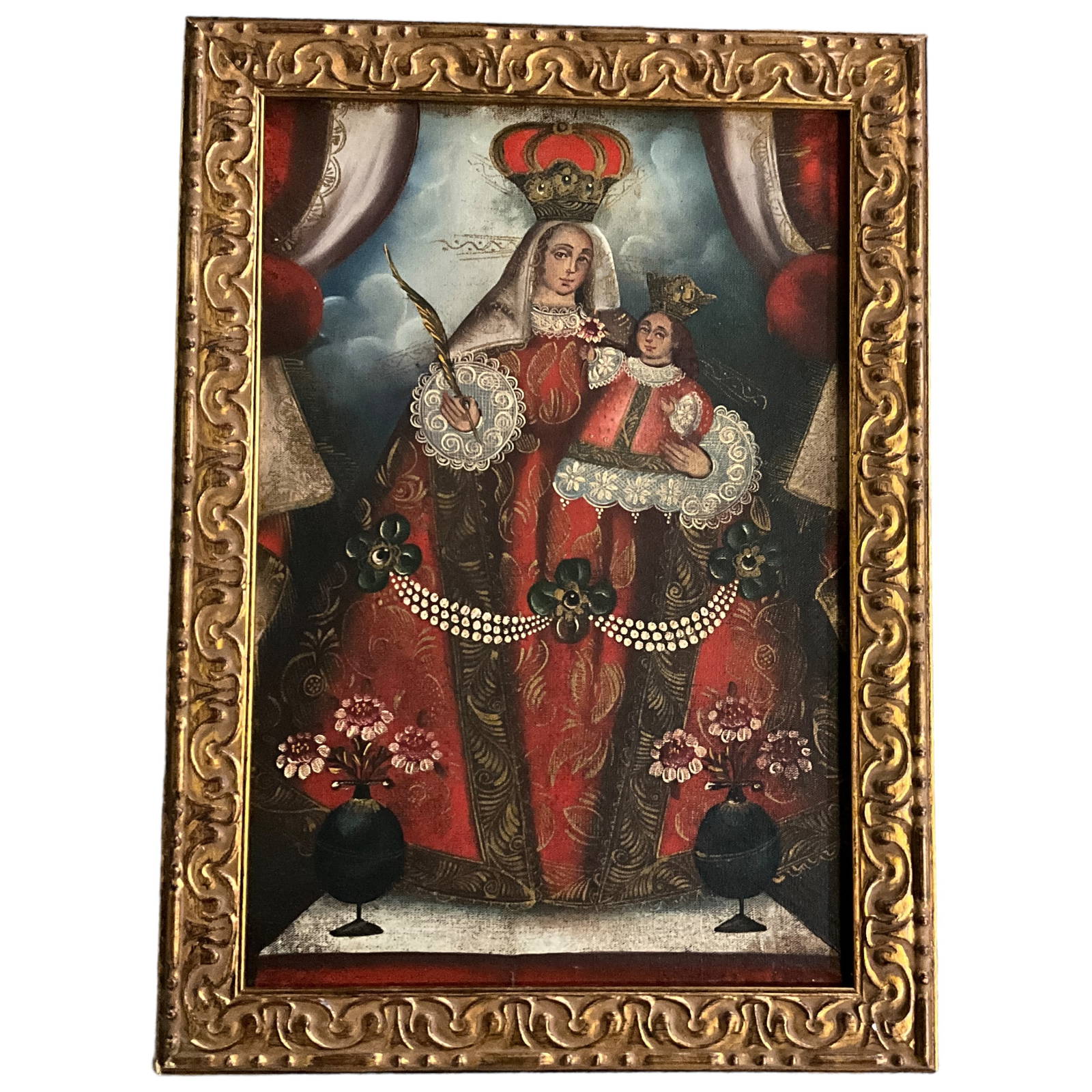 Peruvian Religious Painting On Canvas, "holy Family" Auction