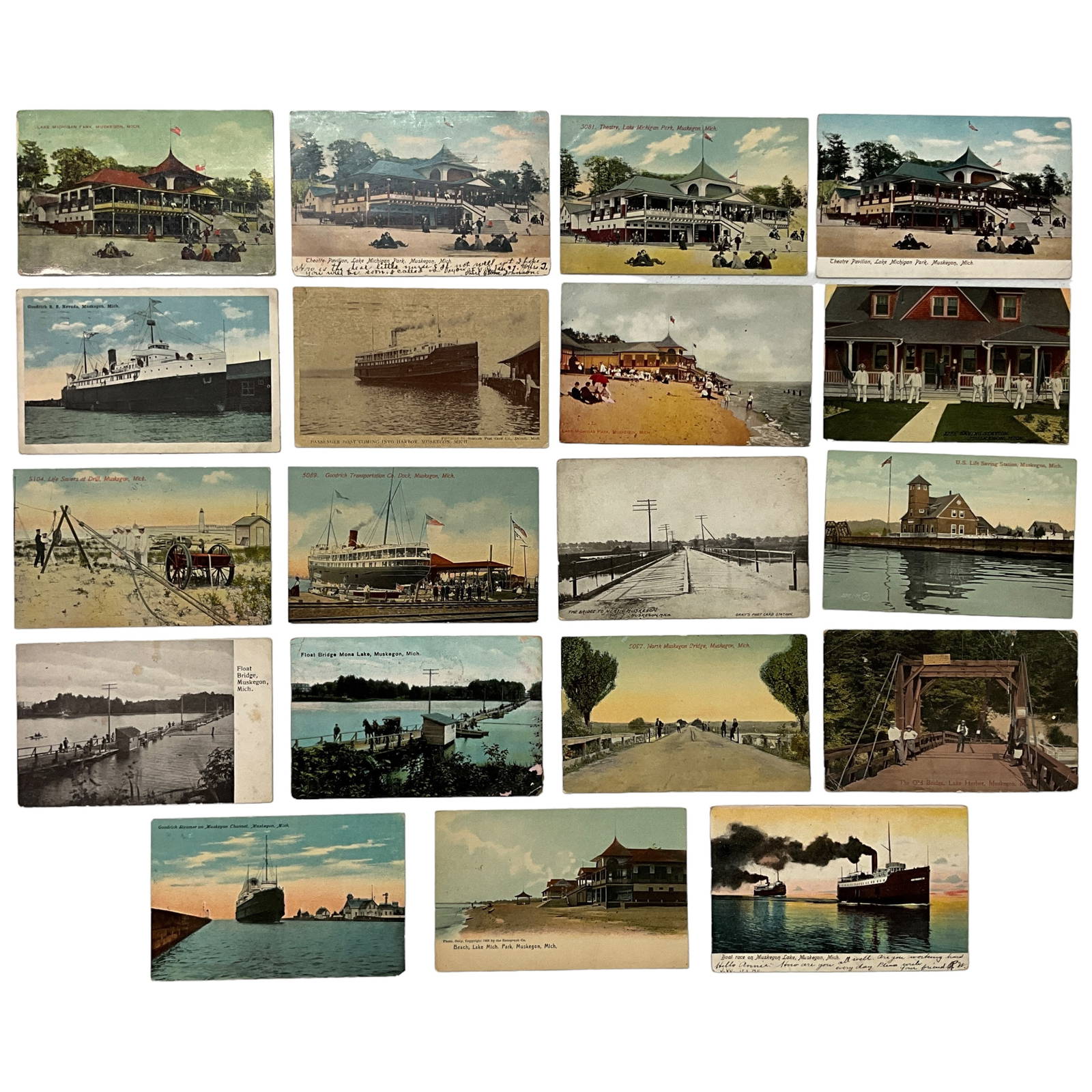 Postcards, Beaches And Water, Muskegon, Michigan, Lot Of 19 Auction