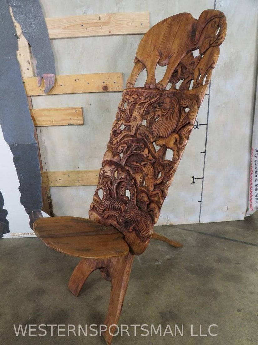 Hand Carved Wooden Folding Chair W/beautiful African Scene Auction