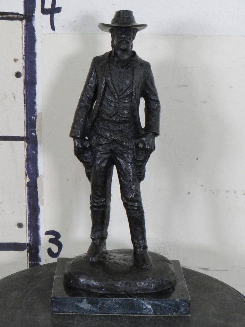 Wild West Sheriff-cowboy Bronze Statue On Marble Base Bronze Art Auction