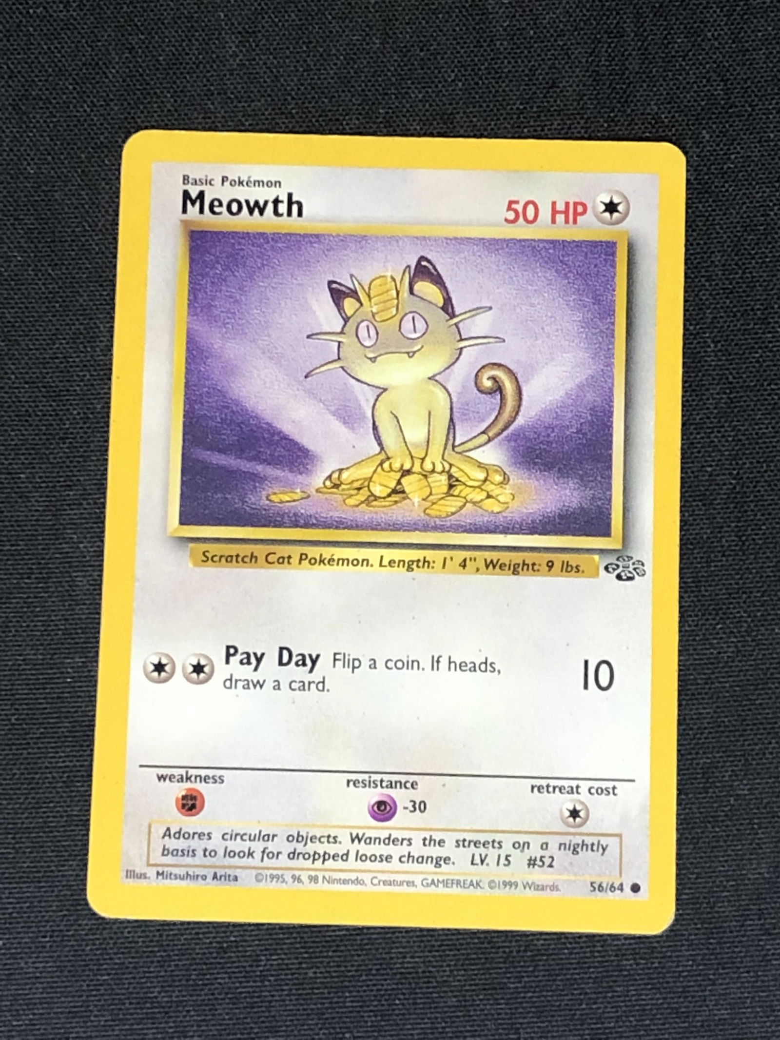 Vintage Jungle Set Meowth Pokemon Card Moderately To Heavy Played