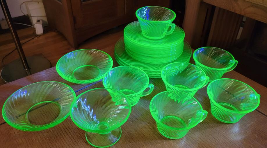 22 Pc Depression Era Green Uranium Glass Partial Tea Set