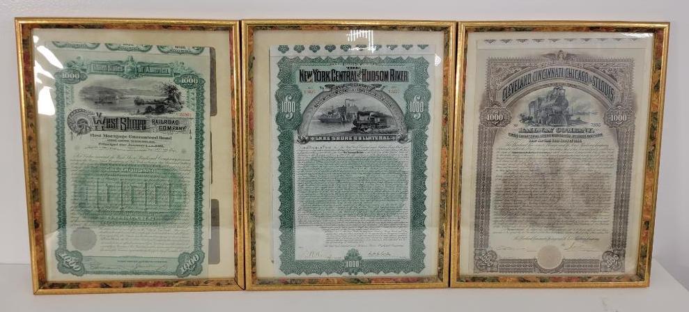 3 Framed Antique Railroad Stock Certificates