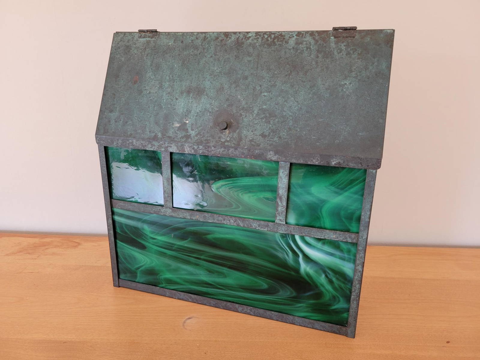 Arts & Crafts Tin Slag Glass Letter Box Auction