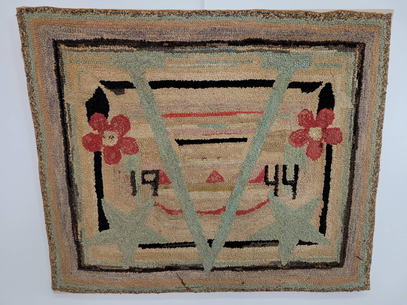 Antique Wwii Era 1944 Hooked Rug Wall Art - 46" X 39" Auction