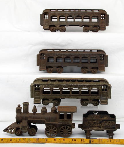 Kenton Cast Iron Loco And Tender And Three (3) Passenger Cars