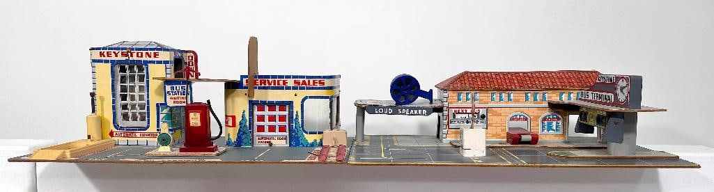 Vintage Keystone Postwar 1950s Toy Bus Terminal Litho On Wood With ...