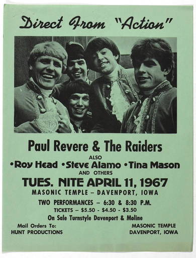 1967 Paul Revere & The Raiders Masonic Temple Flyer (#0048) on Sep 11 ...