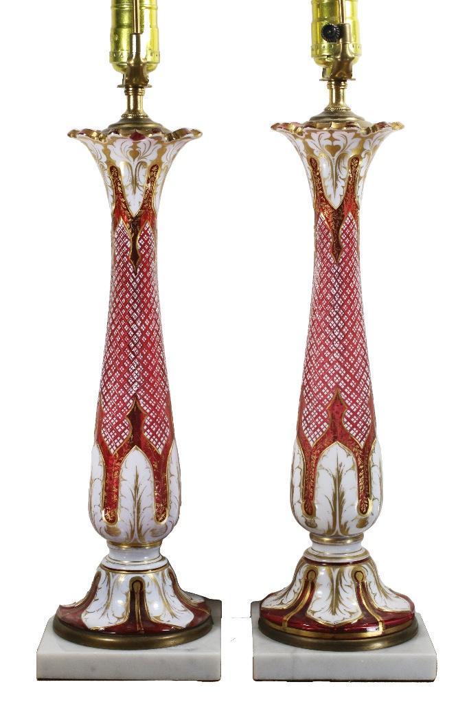 A Pair Of Antique Bohemian Moser Glass Converted Lamps