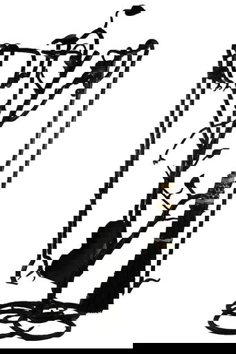 An Ornate Wrought Iron Fireplace Set With Five Pieces.