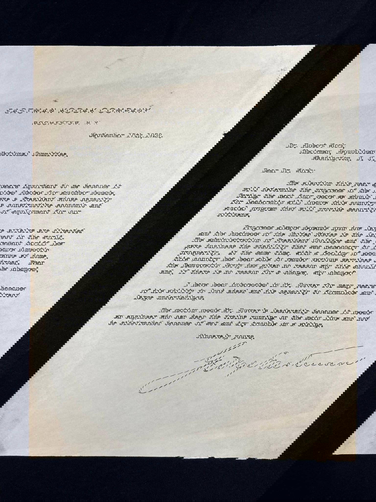 1928 Signed Letter From George Eastman Of The Eastman Kodak Company Auction