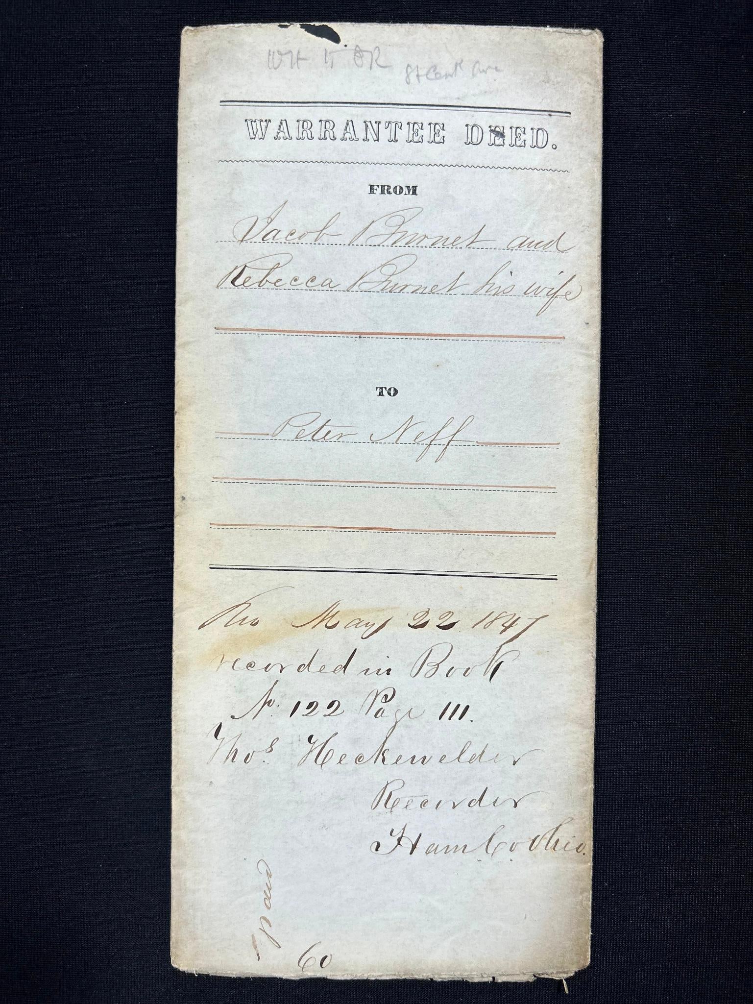 1847 Cincinnati Land Deed Between Jacob Burnet And Peter Neff Auction