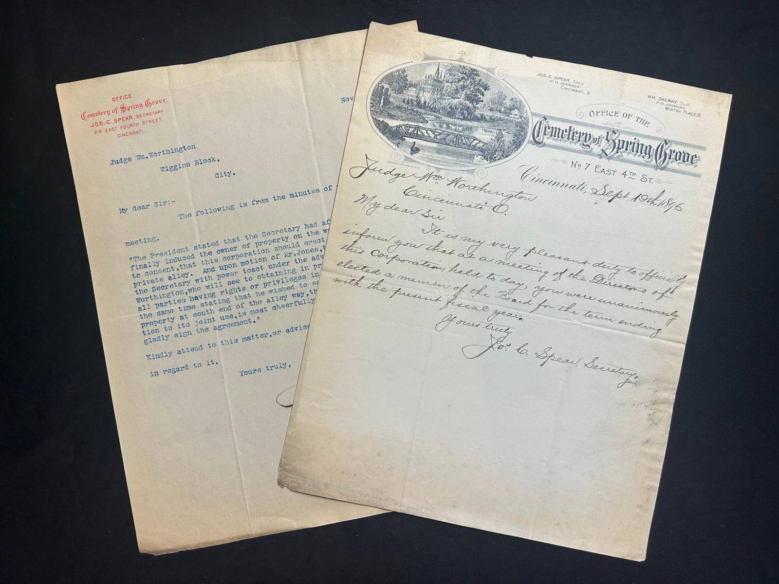 1896 Spring Grove Cemetery Letters Auction
