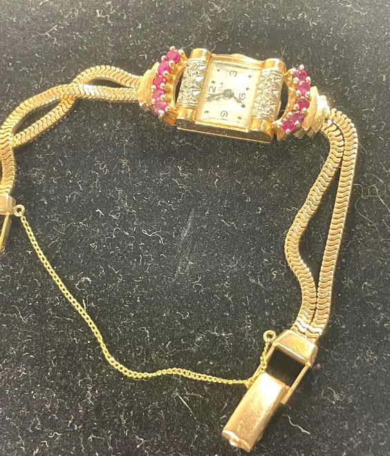 Mid C. Bullova 14kt Rose Gold Diamond Ruby Watch Auction