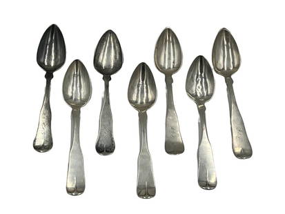 1800s Colonial American Mixed Set Of 7 Fiddle Thread Coin Silver Spoons