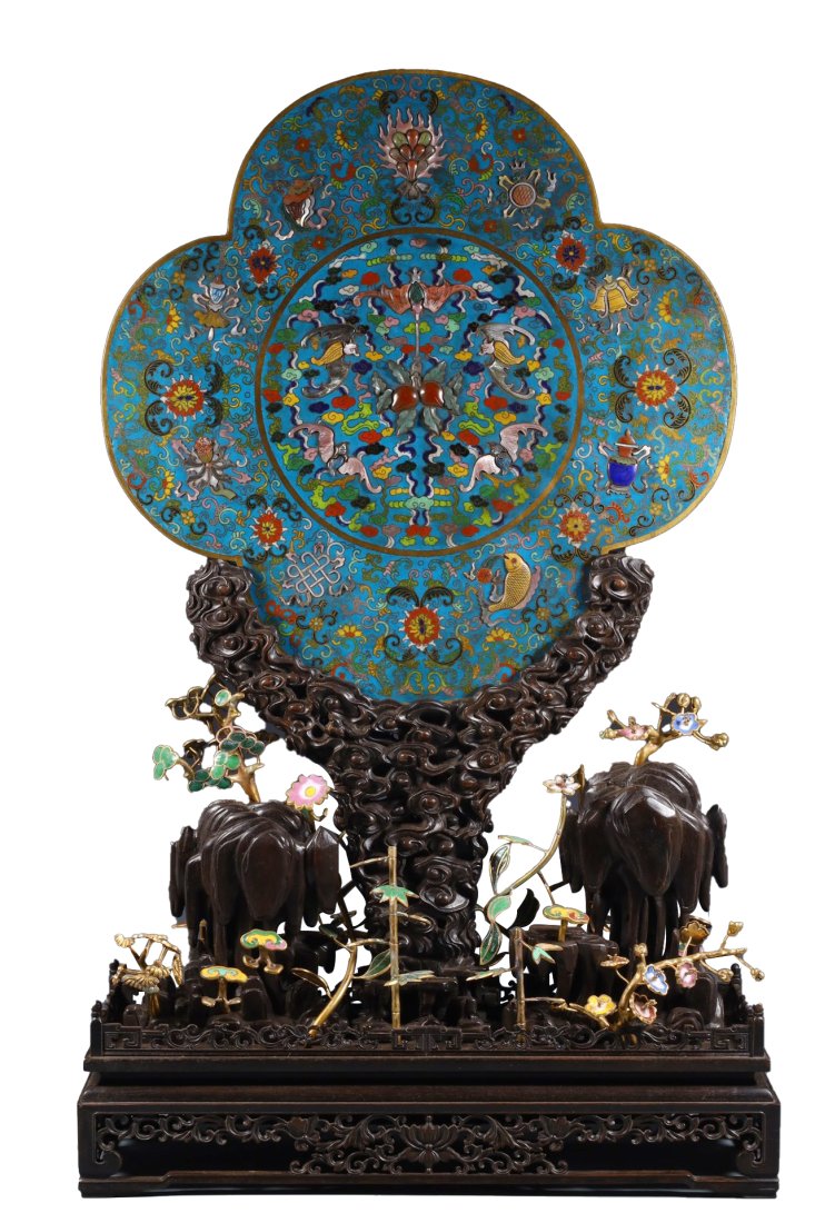 Red Sandalwood Inlaid Filigree Enamel Eight Treasure Cloud Pattern Screen