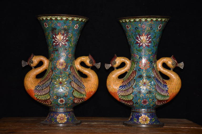 Pure Copper Cloisonne Filigree Pair Peacock Vase Ornament