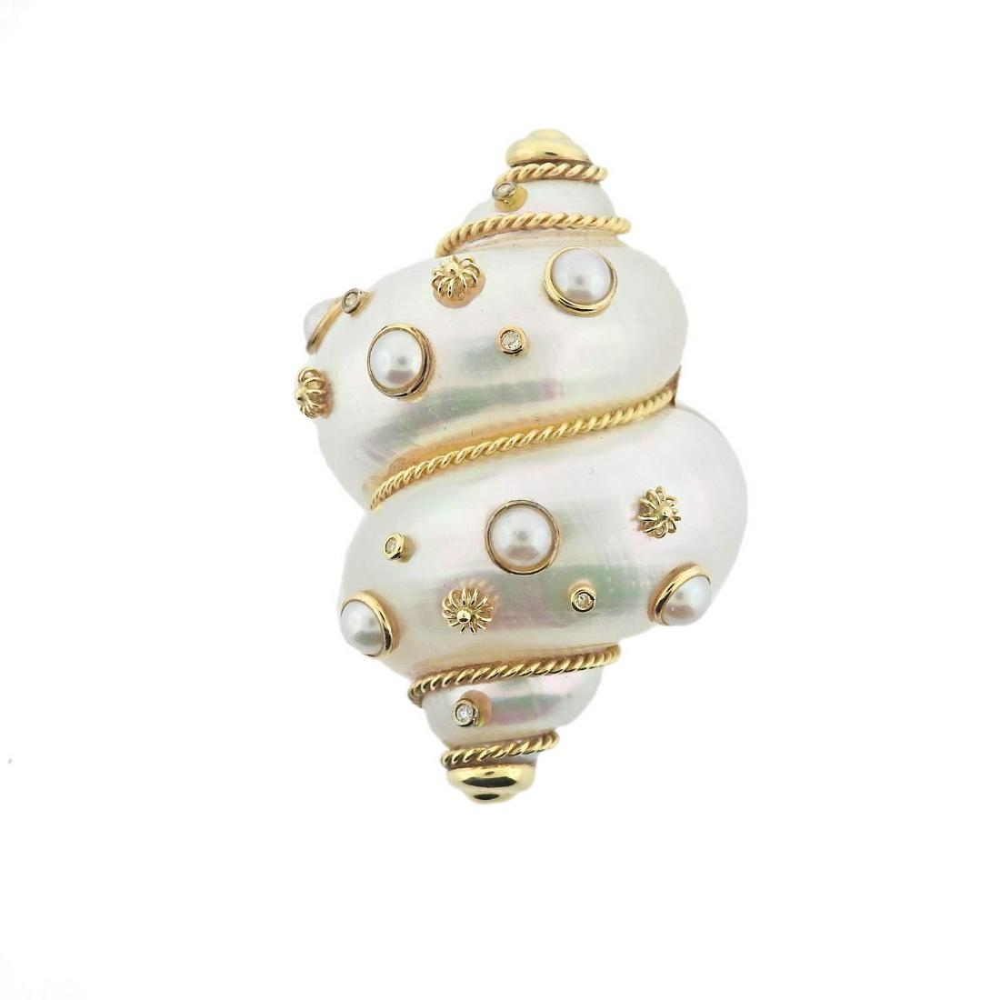 Maz 14k Gold Shell Diamond Pearl Brooch Pin