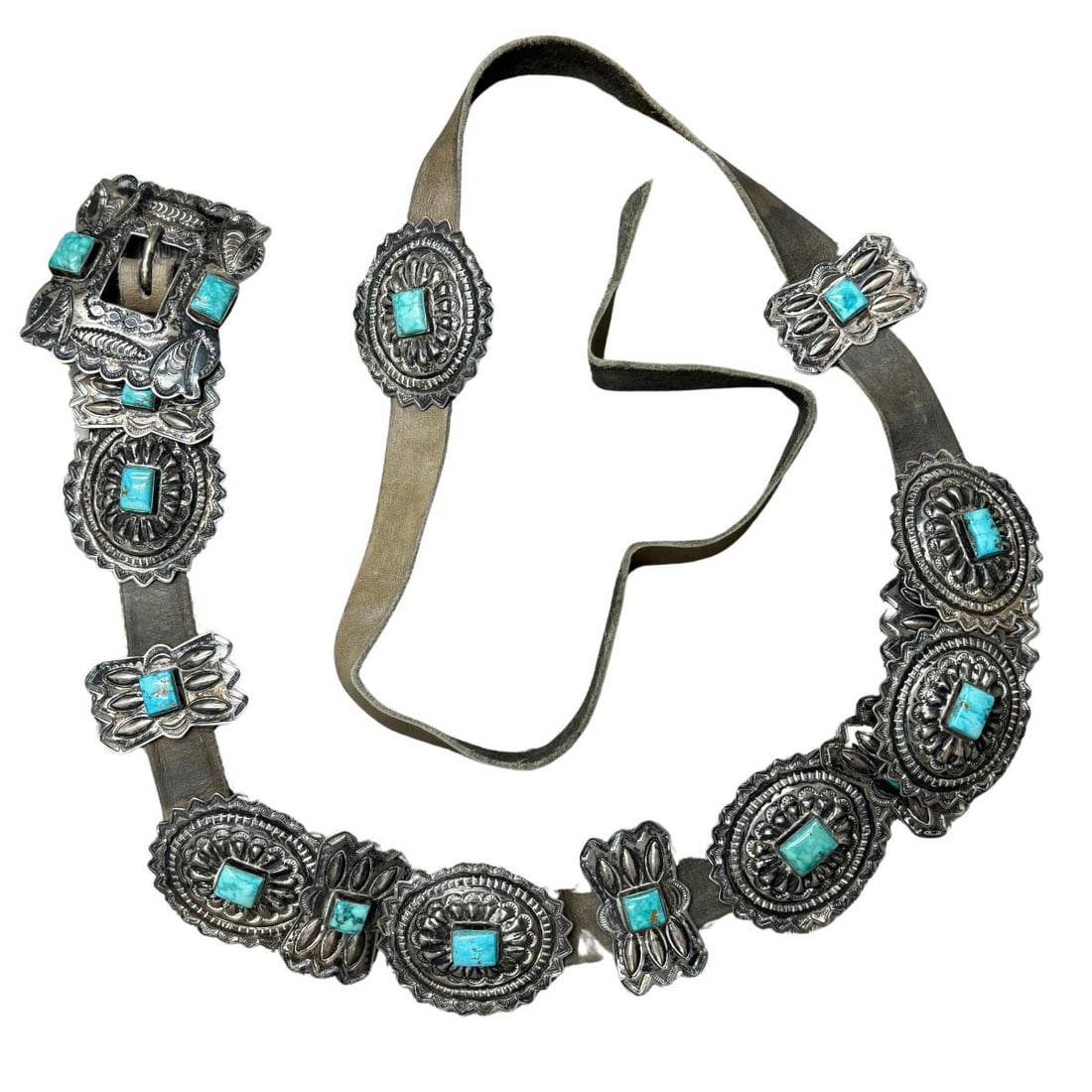 Native American Sterling Turquoise Leather Belt Auction