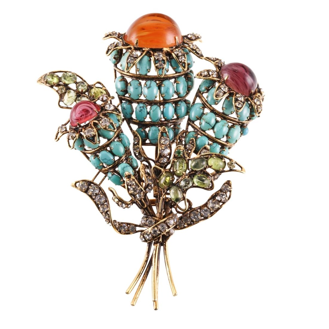 Iradj Moini Turquoise Peridot Flower Bouquet Brooch Pin Auction