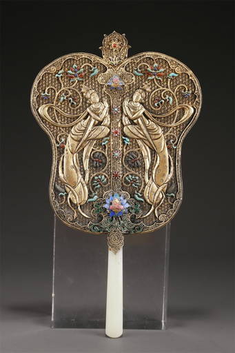 A Gilt Silver Filigree Fan With Jade Inlay.