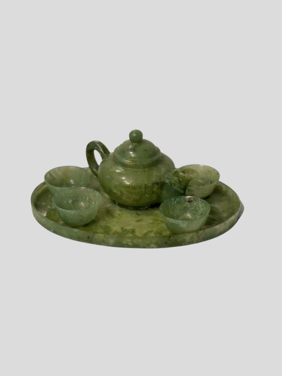 19 Th Chinese Carved Spinach Jade Tea Set 19 Th Chinese Carved Spinach ...