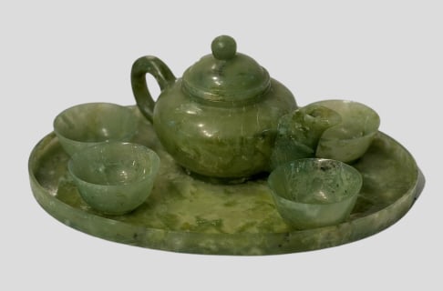 19 Th Chinese Carved Spinach Jade Tea Set 19 Th Chinese Carved Spinach ...