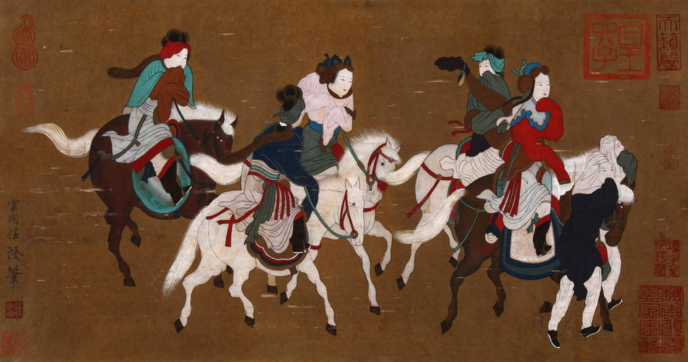 Chinese Scroll Painting Of Beauty On Horse Signed By Ren Renfa