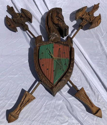 Wooden Clock Horse Shield Carved Tiki Bar Decor Witco