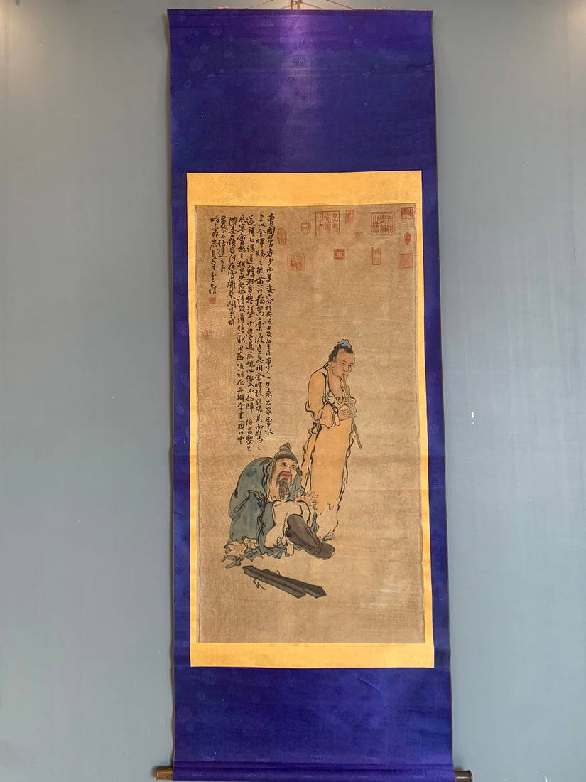 Qing Dynasty Bao Kai Two Immortals Figure Vertical Axis Auction