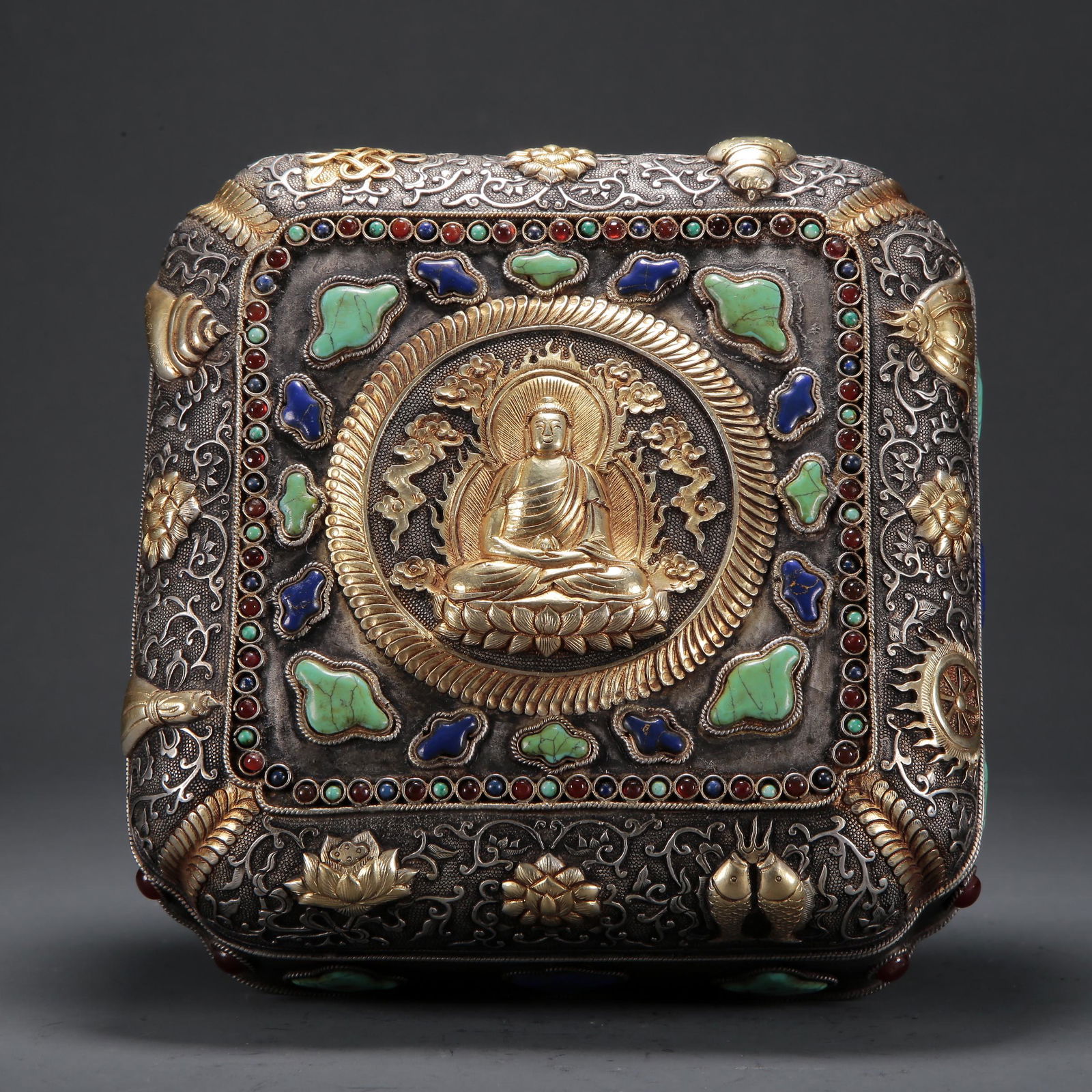 Three Gilt Bronze Silver Gem Inlaid Buddhist Boxes